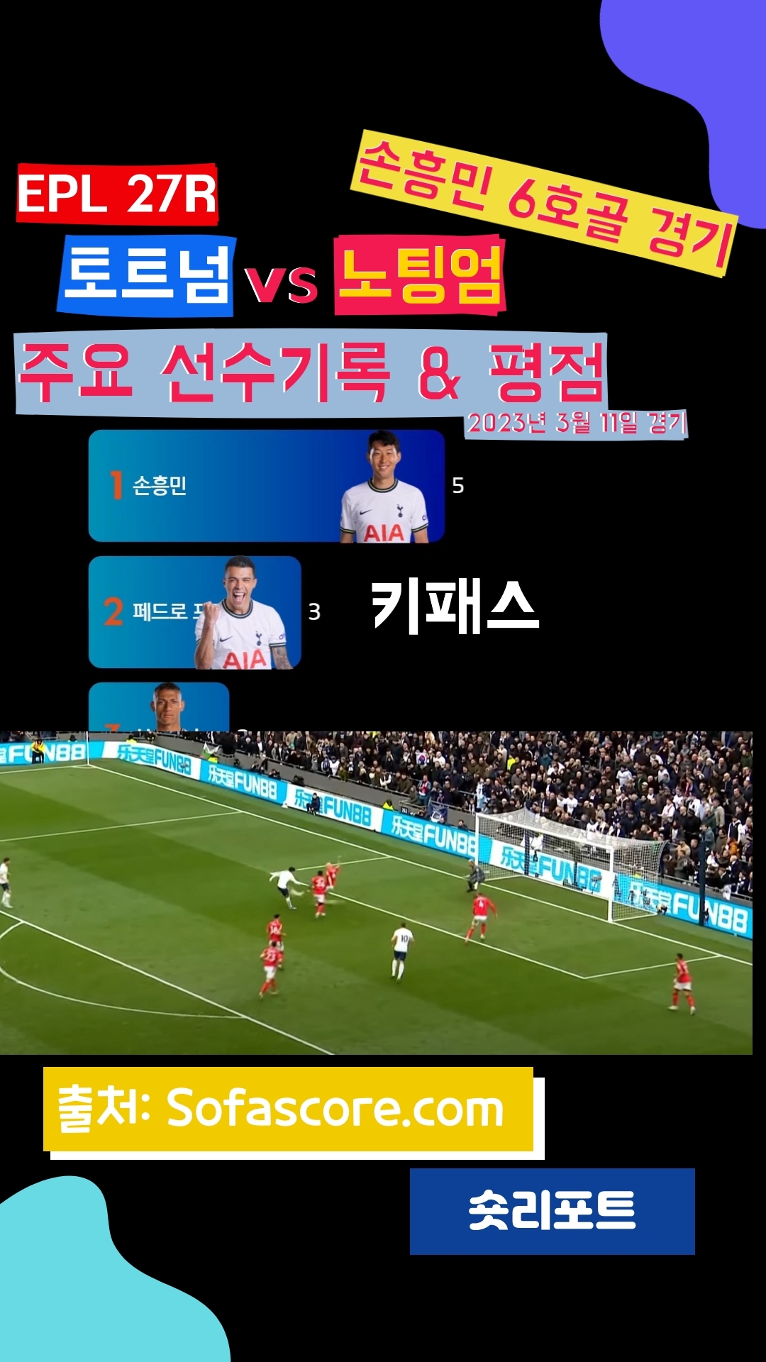 22/23 EPL 27R 토트넘 vs 노팅엄 경기 선수별 기록순위 및 평점 정리 - 오늘의 숏 beta